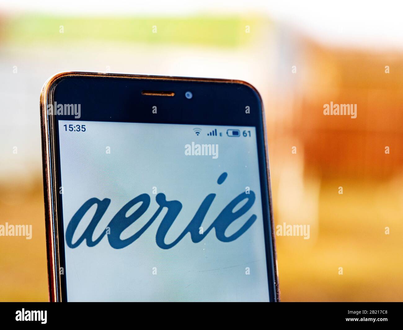 In this photo illustration the Aerie logo is seen displayed on a ...