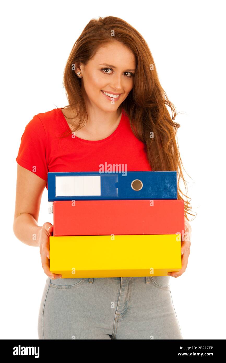 attractive student holding folders isolated over white background Stock ...
