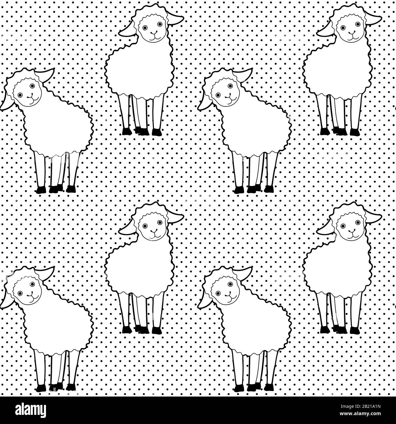 Seamless pattern with cute cartoon sheep on black and white dotted ...