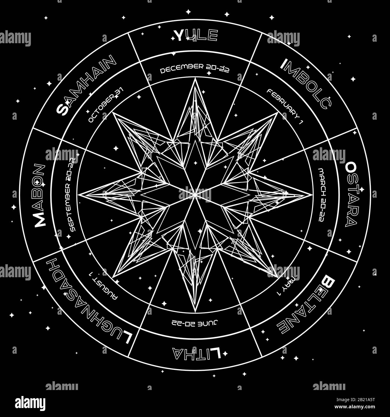 Geometric octagonal star in pagan wheel of the year on starry space ...