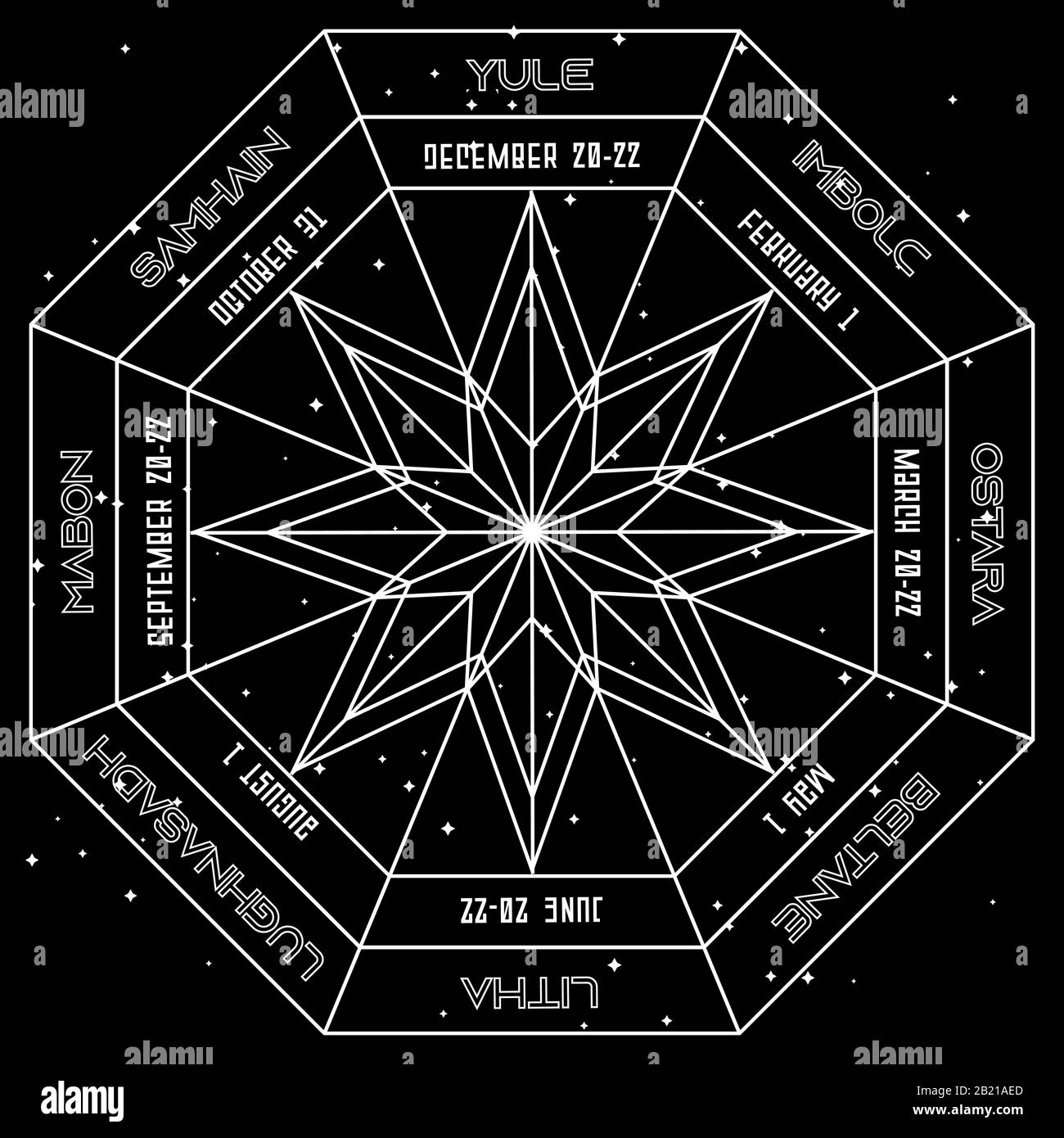 Geometric octagonal star in pagan wheel of the year on space background ...