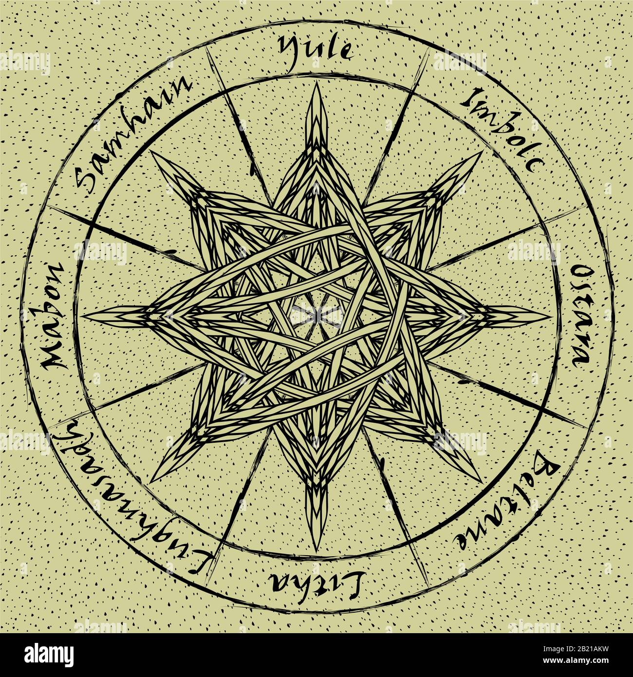 Entwined octagonal star in abstract pagan wheel of the year on textured ...