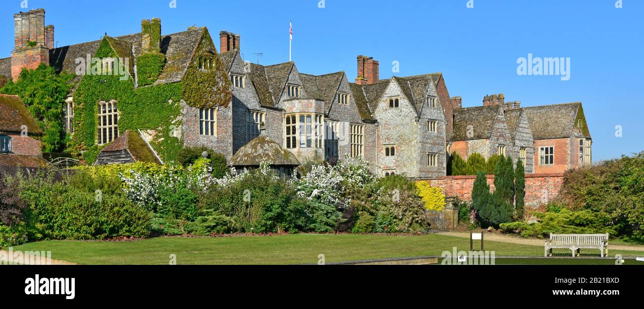 Panoramic view part of historical Elizabethan hotel buildings on blue ...