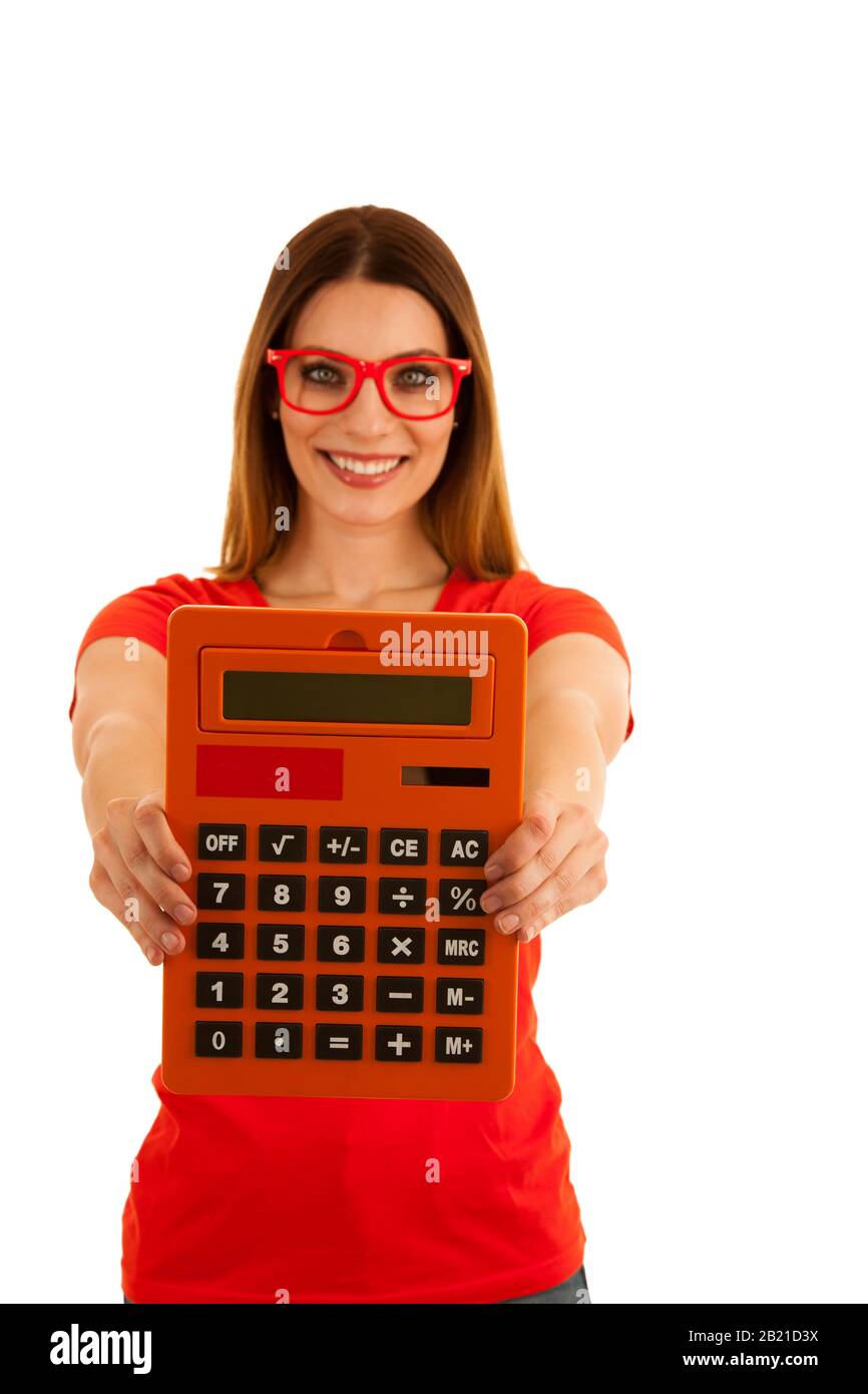 Beautiful young math student holds retro big calculator isolated over ...