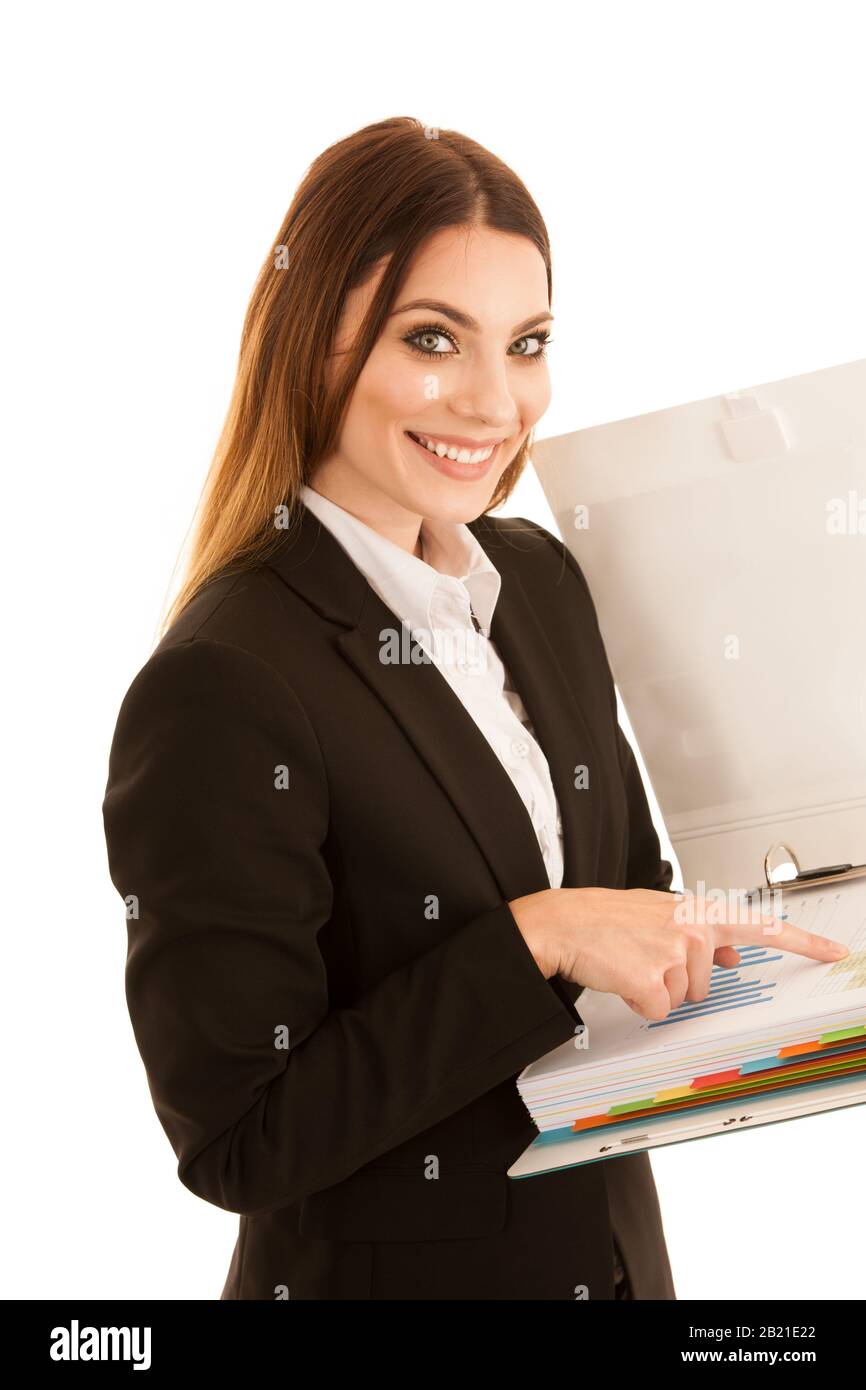 business Woman reading a report - checking data in a folder isolated ...
