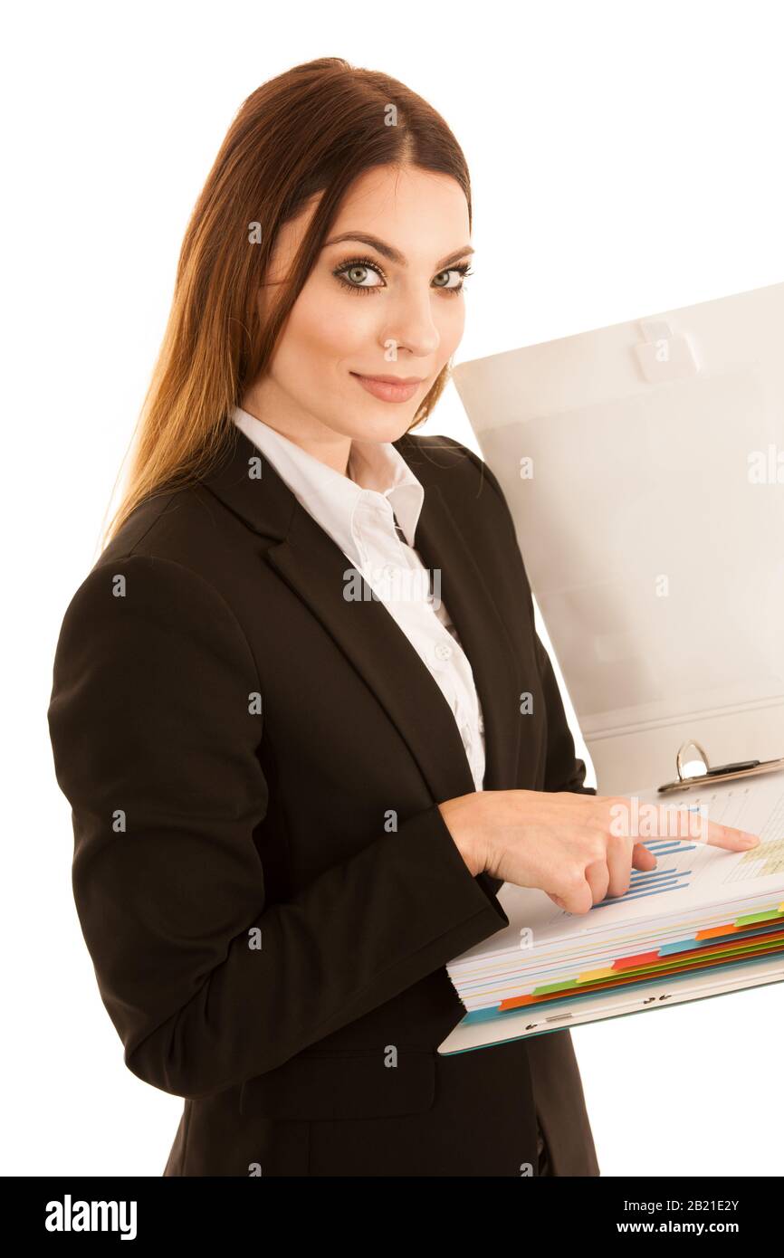 business Woman reading a report - checking data in a folder isolated ...