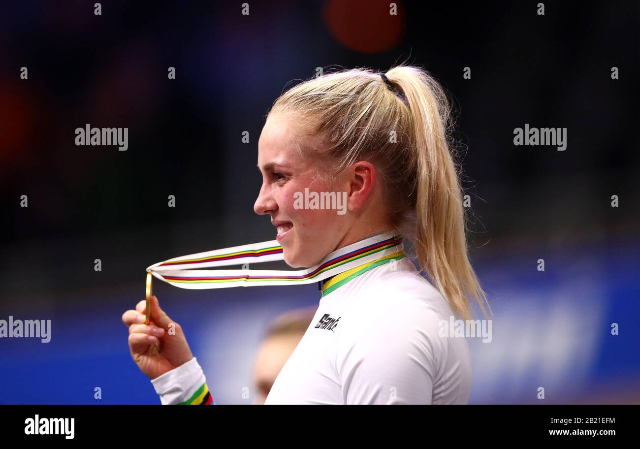 Germany's Emma Hinze, gold, on the podium for the Women's Sprint during ...