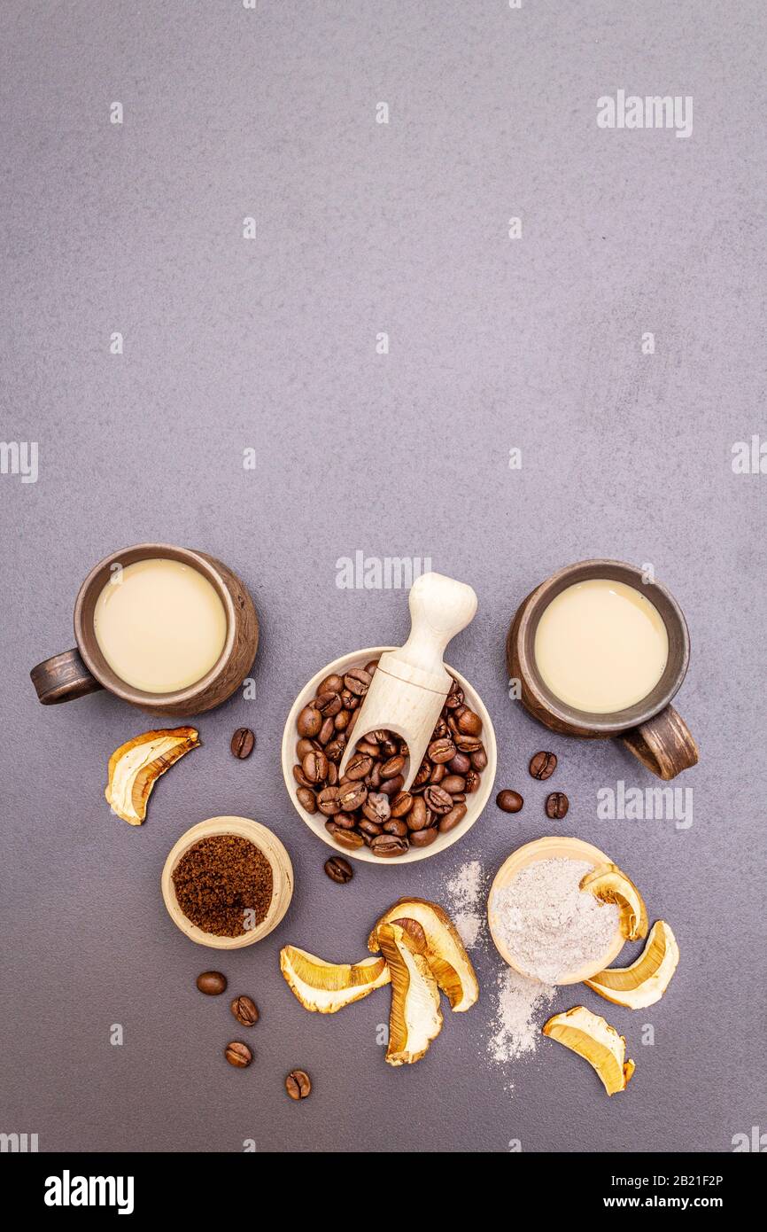 Mushroom Chaga Coffee Superfood Trend. Сeramic bowls and cups, coffee ...