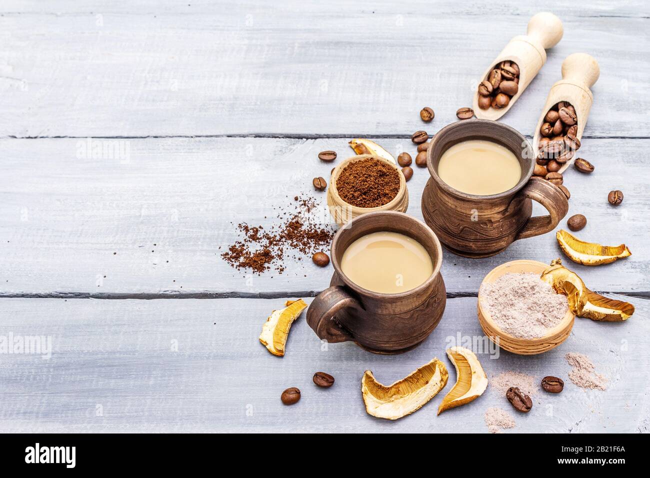 Mushroom Chaga Coffee Superfood Trend. Сeramic bowls and cups, coffee ...