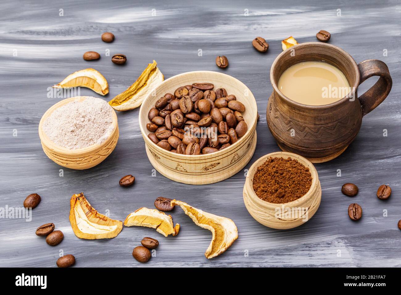 Mushroom Chaga Coffee Superfood Trend. Сeramic bowls and cups, coffee ...