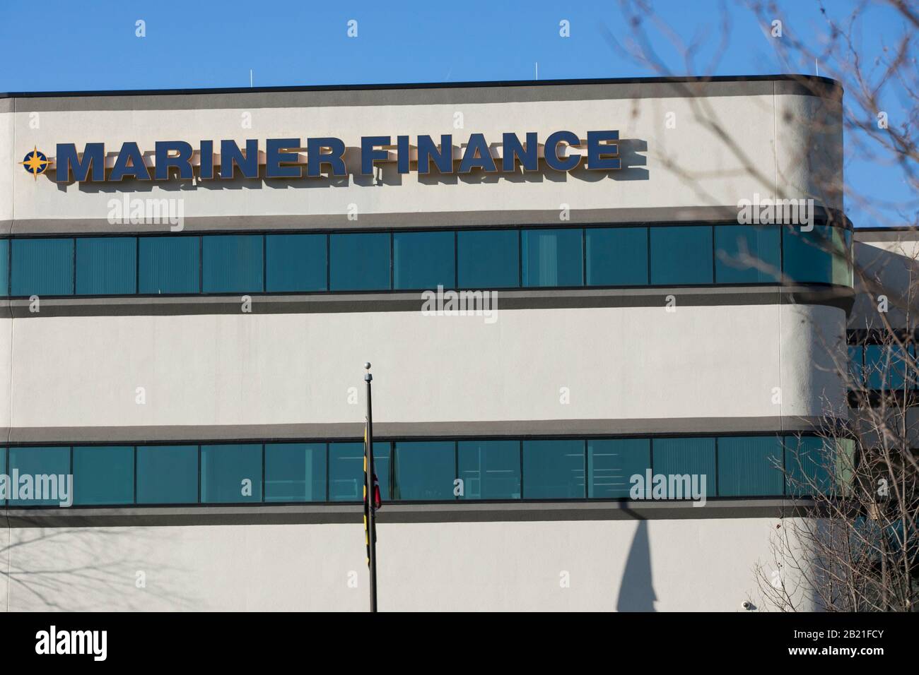 A logo sign outside of the headquarters of Mariner Finance in Baltimore ...