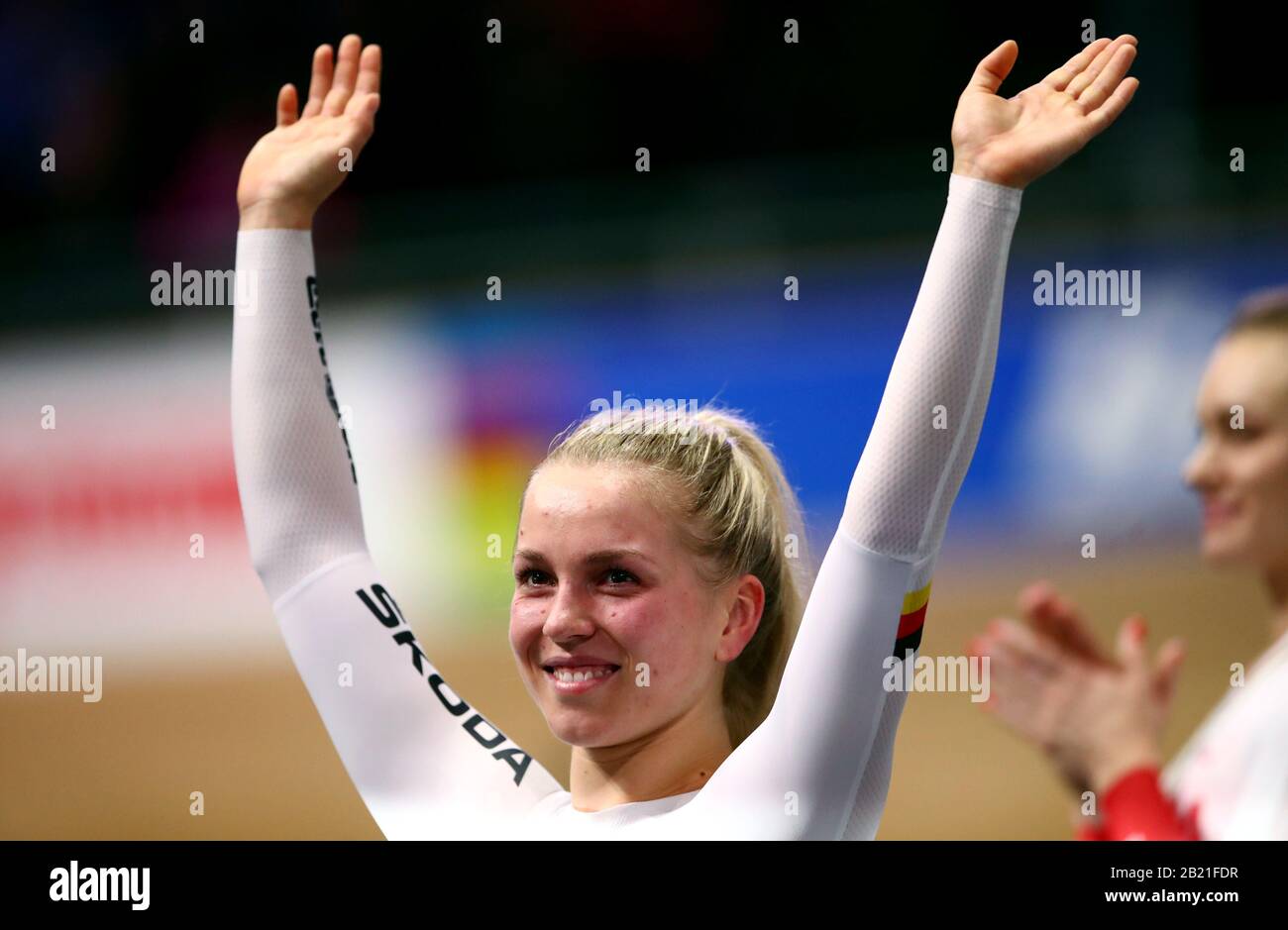 Germany's Emma Hinze, gold, on the podium for the Women's Sprint during ...