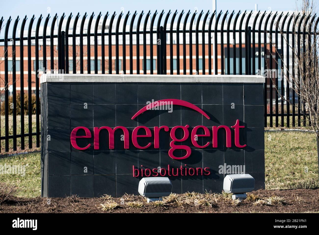 A logo sign outside of a facility occupied by Emergent BioSolutions in ...