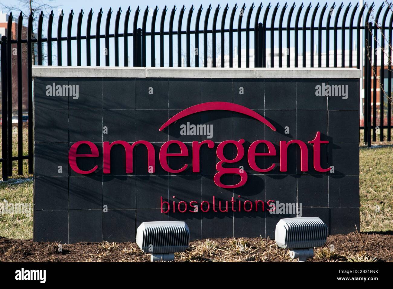 A logo sign outside of a facility occupied by Emergent BioSolutions in ...