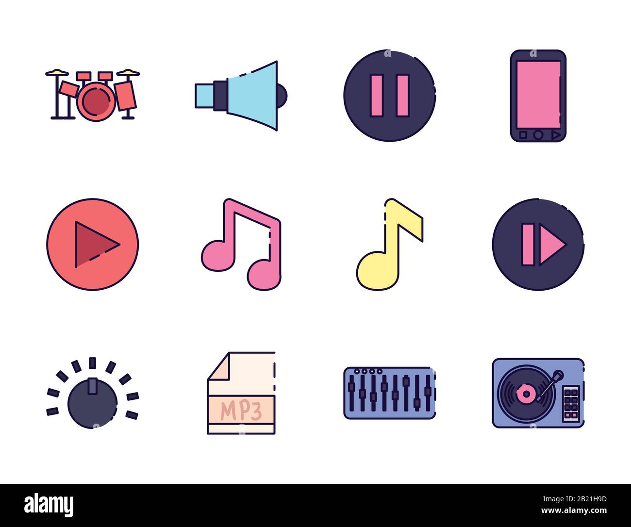 fill style icon set design, Music sound melody song musical art and ...