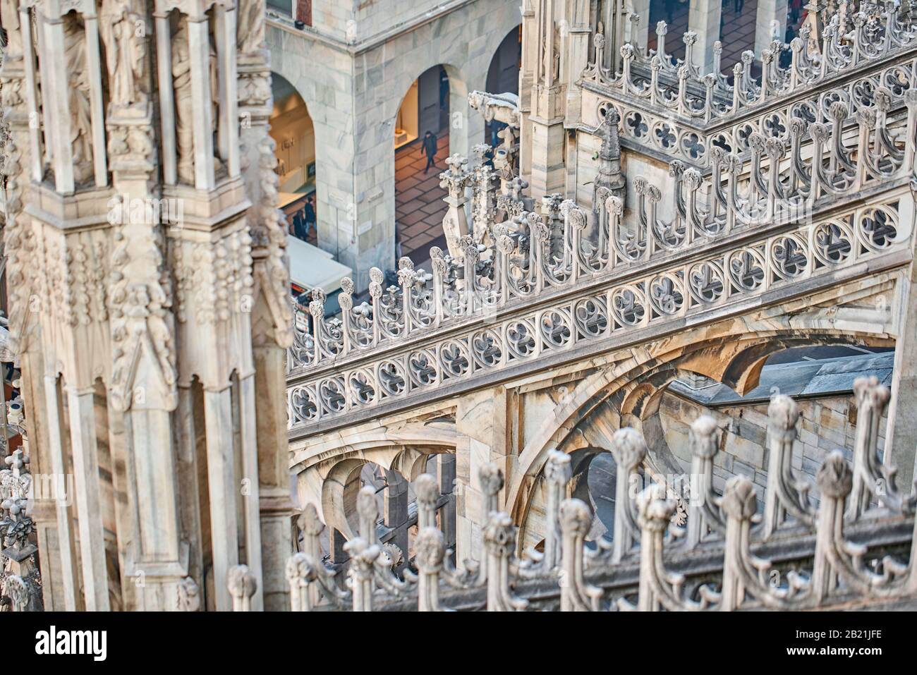 Amazing view of old Gothic spires. Milan Cathedral roof on sunny day ...