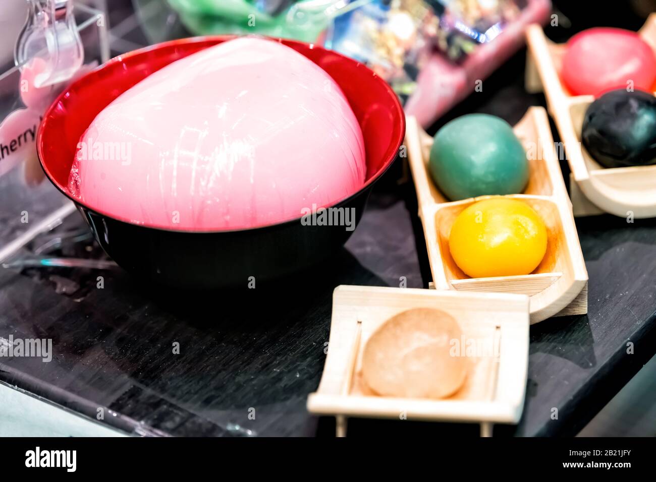 Mochi colorful flavors closeup in Japanese vendor store in Kyoto, Japan ...