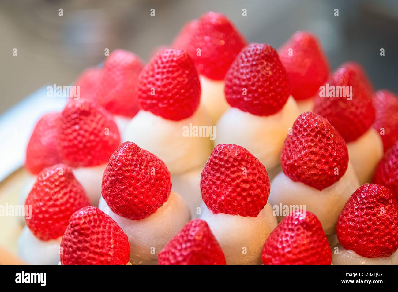 Mochi strawberries macro closeup in Japanese vendor store in Kyoto ...