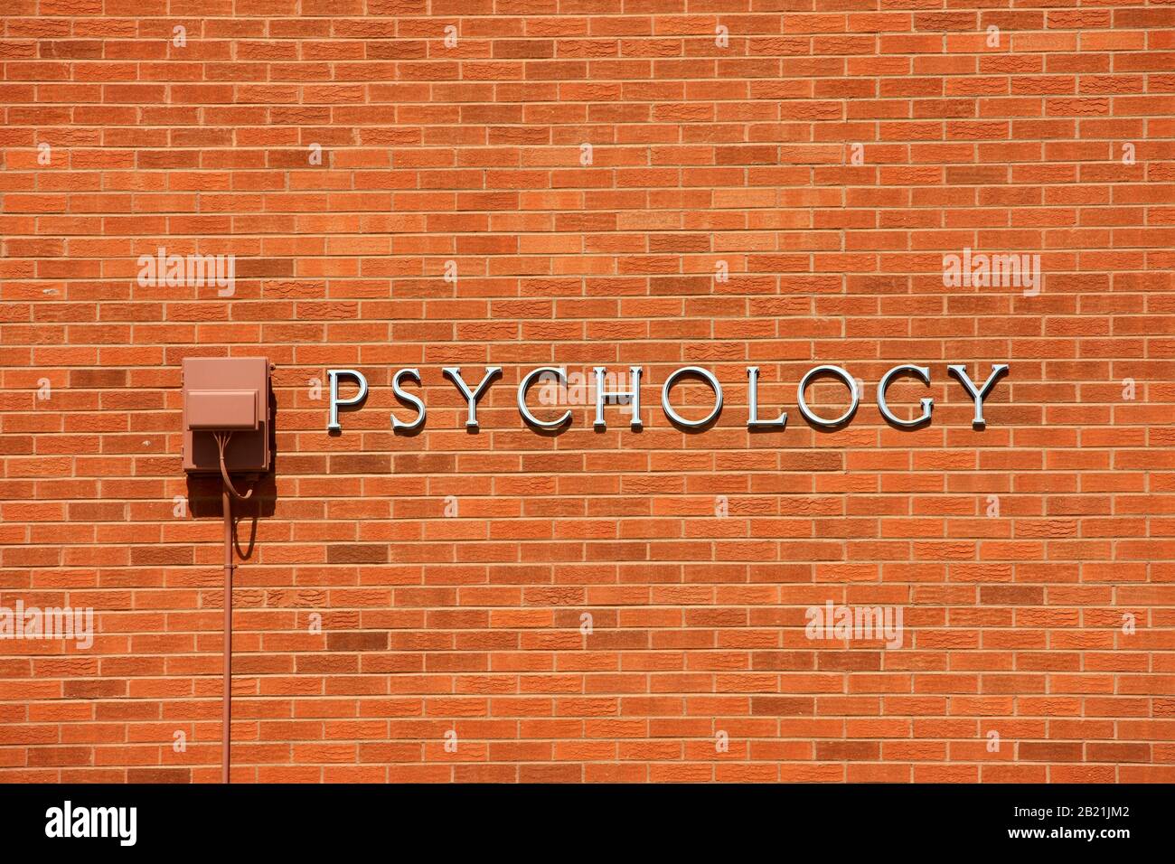 Psychology written in uppercase lettering on a red brick wall on the ...