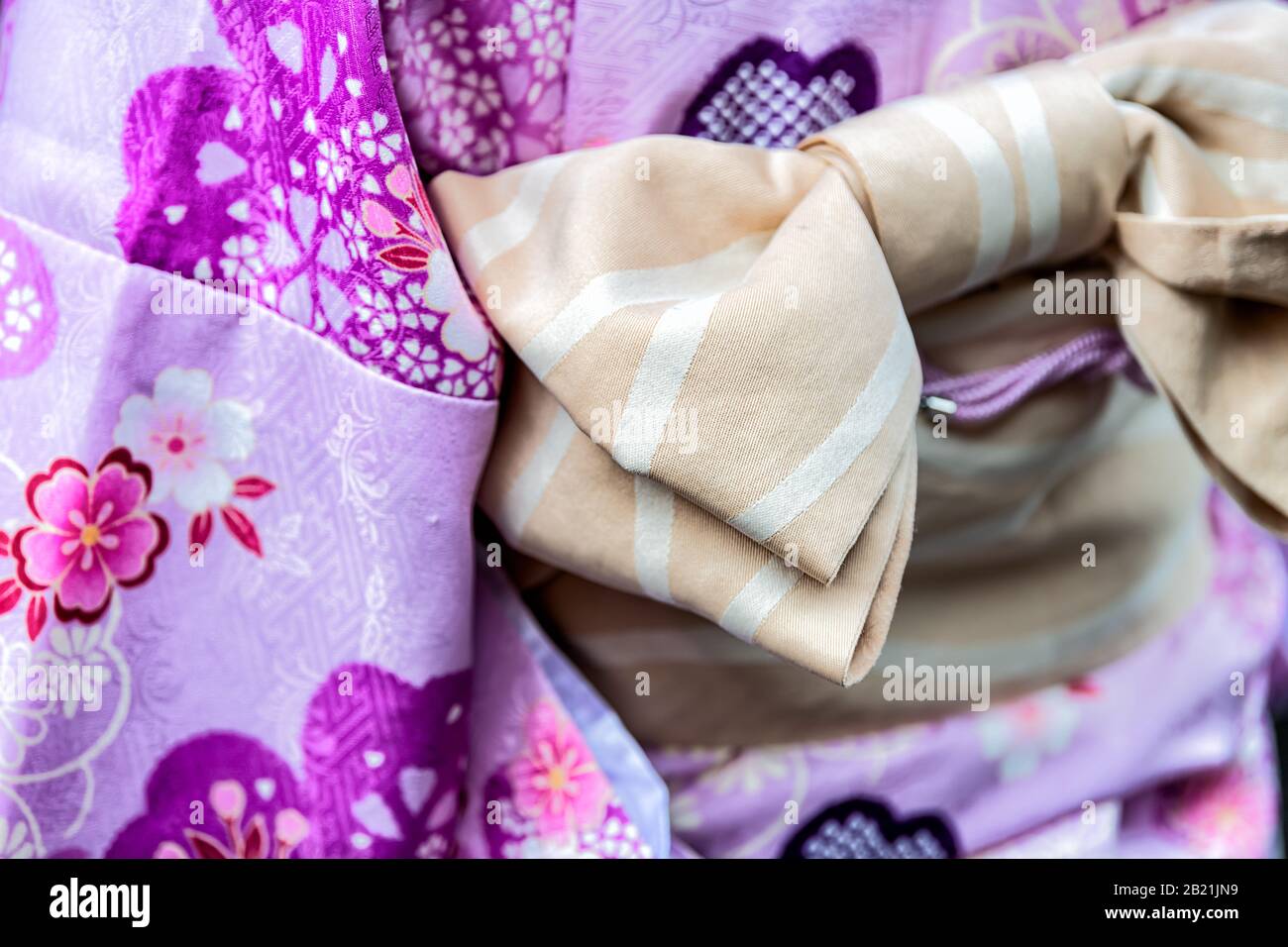 Kyoto, Japan closeup of woman in purple kimono with cherry blossom ...