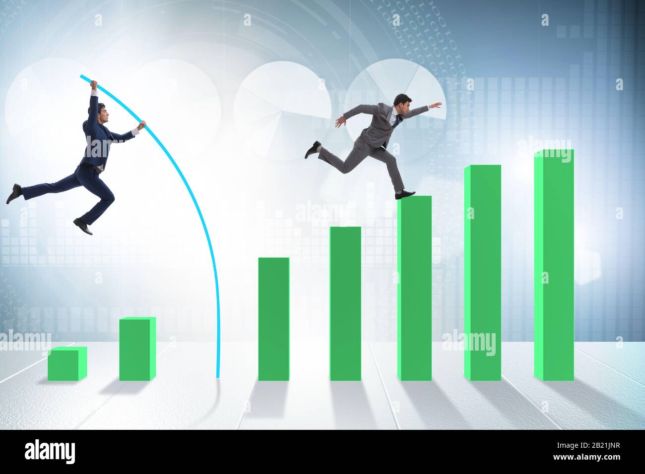 The businessman vault jumping over bar charts Stock Photo - Alamy