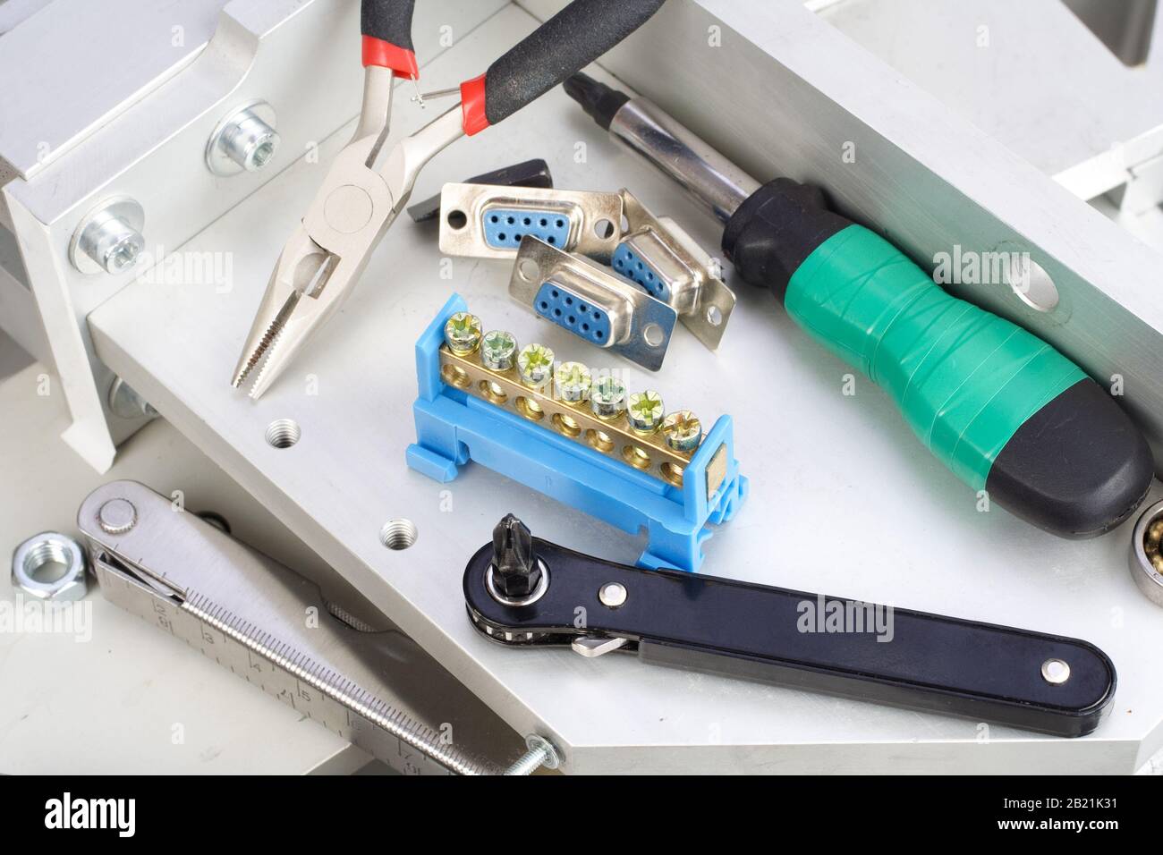 screwdriver, screw, nuts - industrial equipment repair set Stock Photo ...