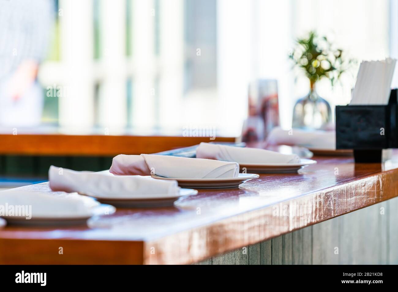 Seafood restaurant bar table in Florida with closeup of plates and ...