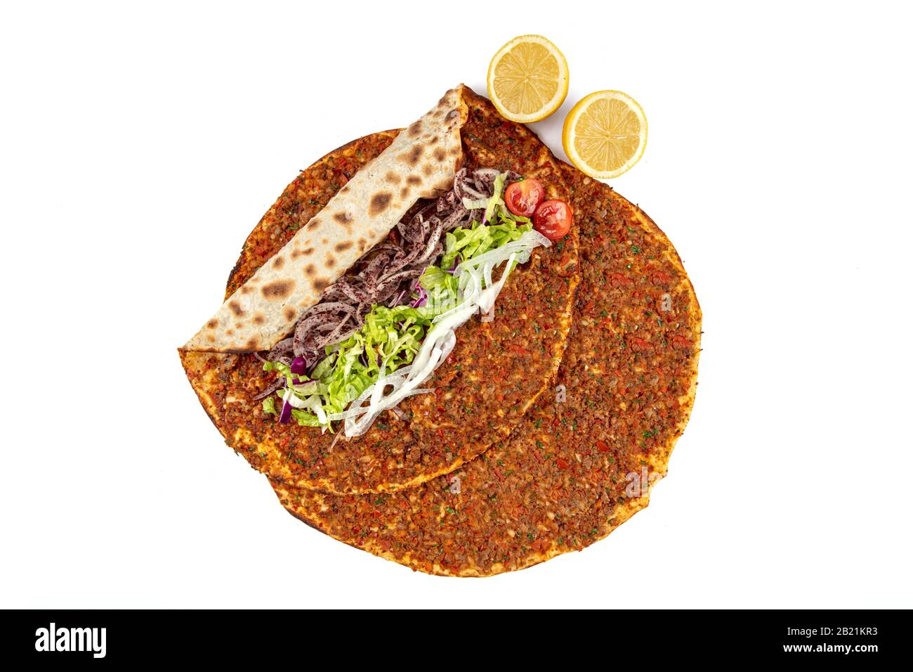 Turkish pizza, lahmacun, turkish minced meat pizza isolated on white ...
