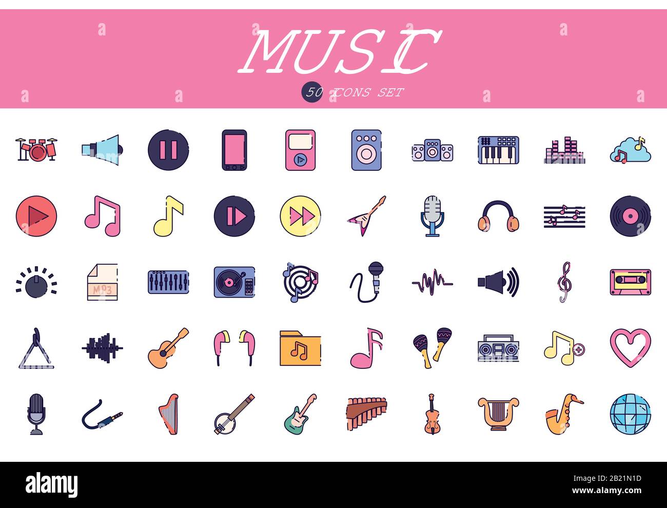 fill style icon set design, Music sound melody song musical art and ...