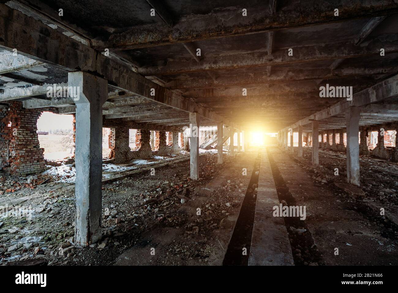 Interior of the old ruined abandoned barn Stock Photo - Alamy