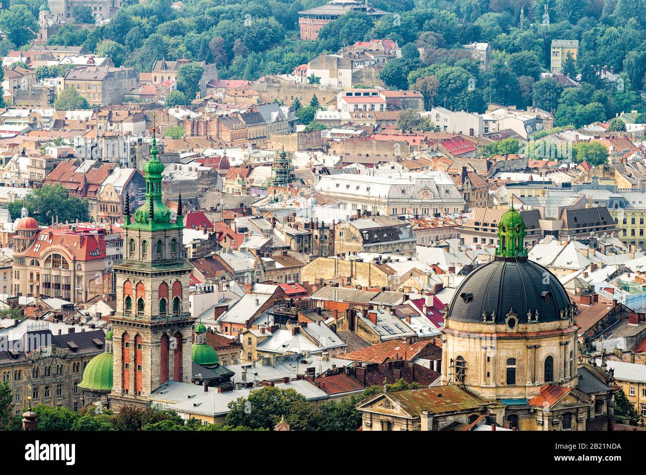 Lviv, Ukraine - August 1, 2018: Aerial cityscape skyline in historic ...