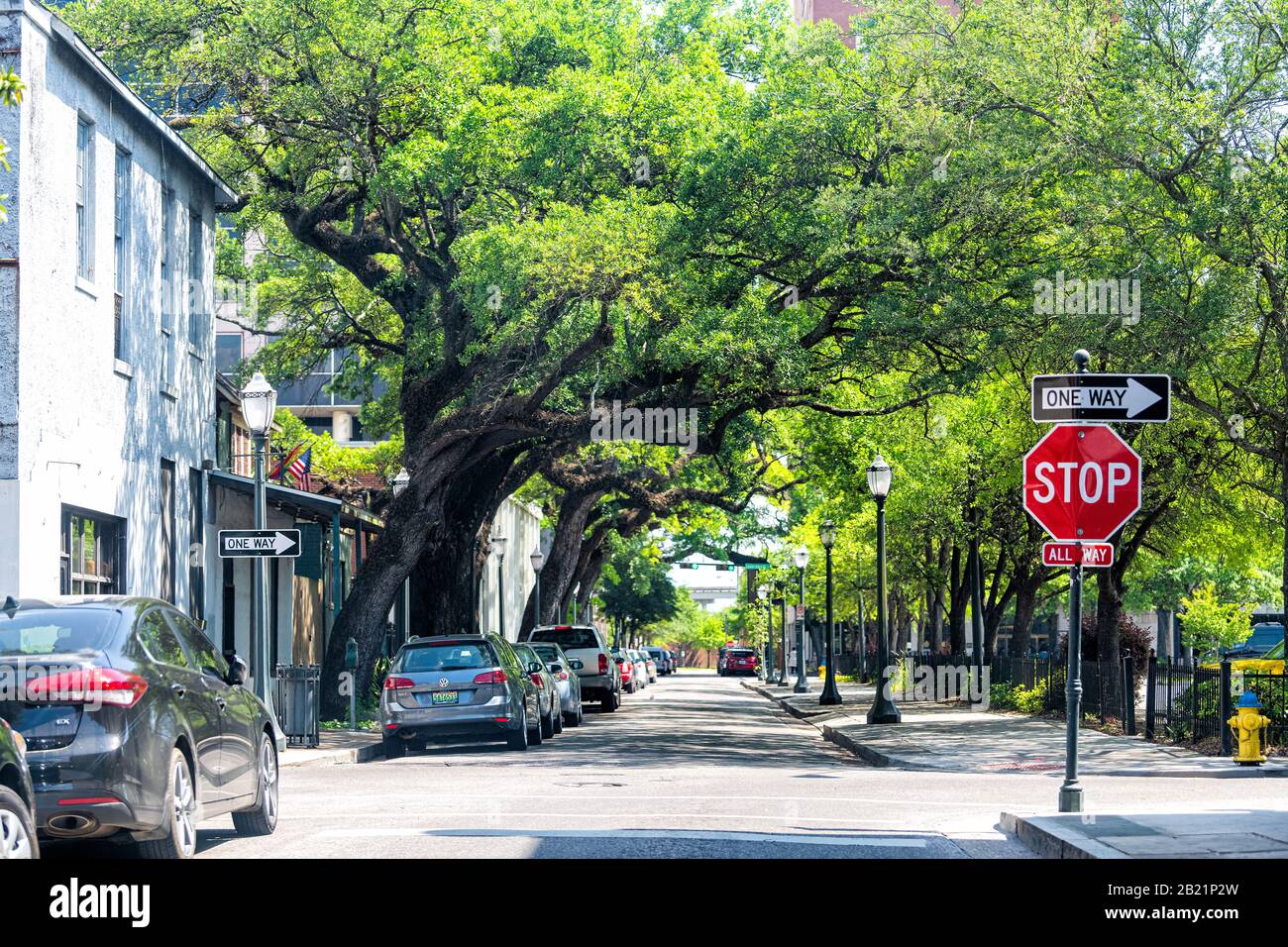 Mobile, USA - April 21, 2018: Old town quiet residential street in ...
