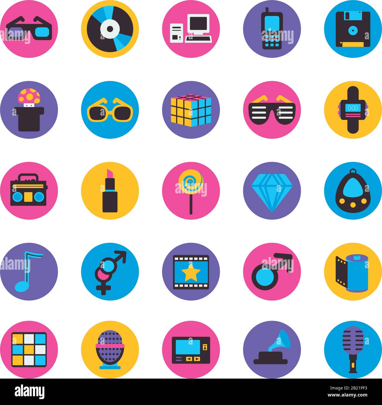 flat block style icon set design, retro leisure technology ...
