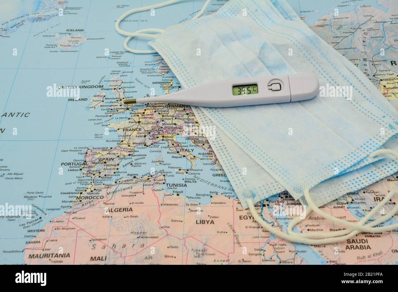 Medical protective mask on World map. Covid-19 Surgical face mask ...