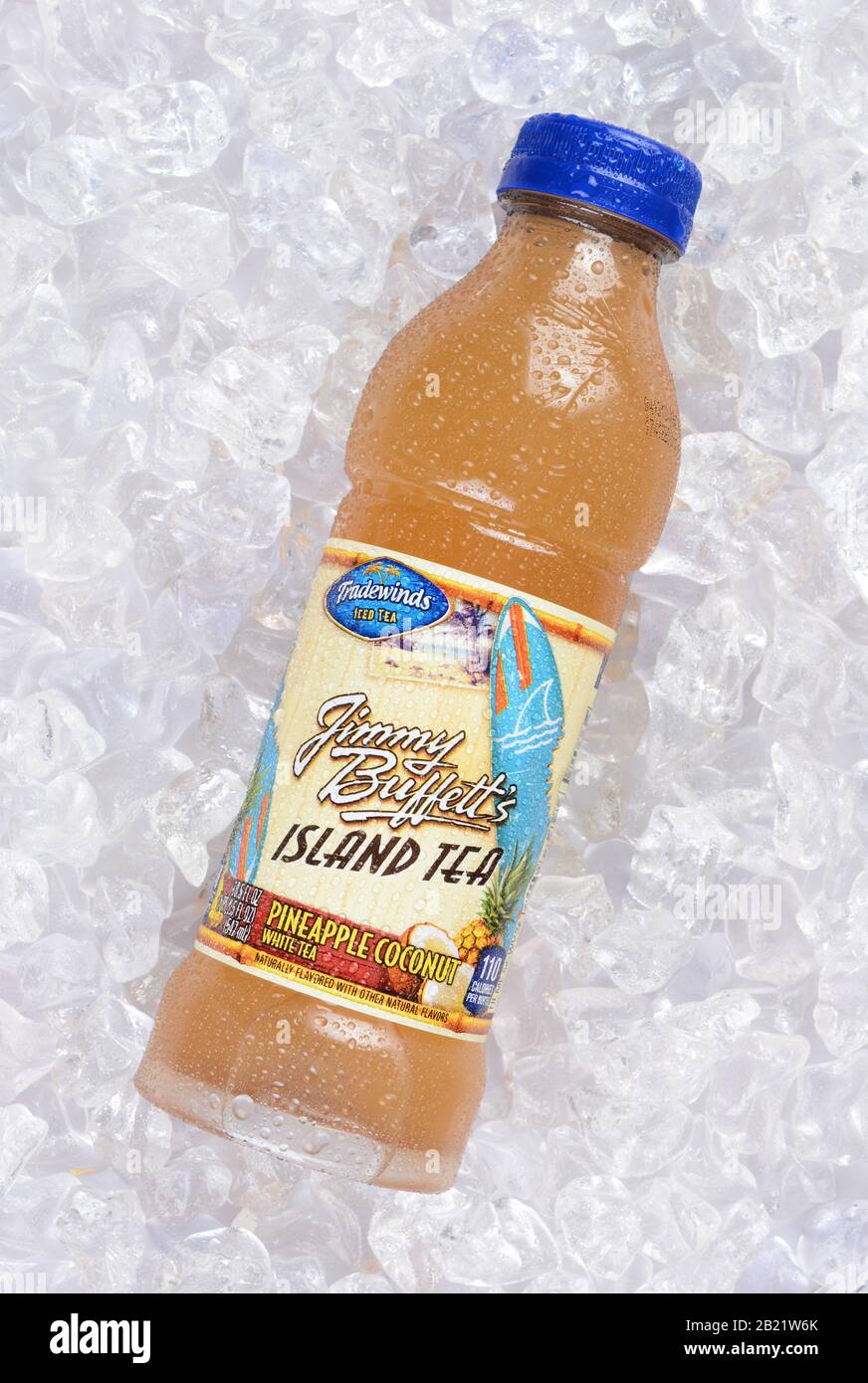 IRVINE, CA - JULY 23, 2015: A bottle of Jimmy Buffett Island Tea on ice ...