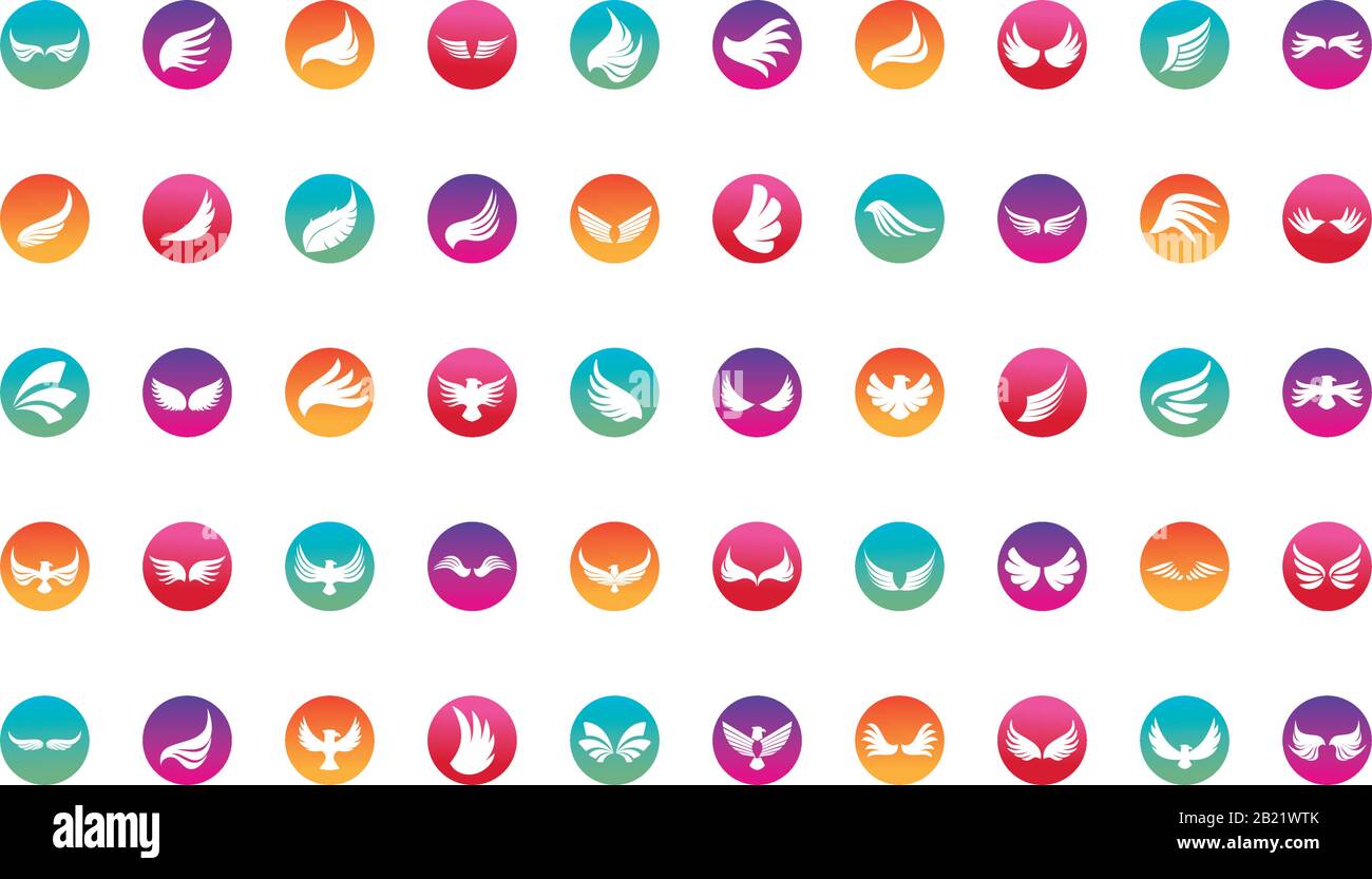 Wings and eagles silhouette block style icon set design, animal feather ...