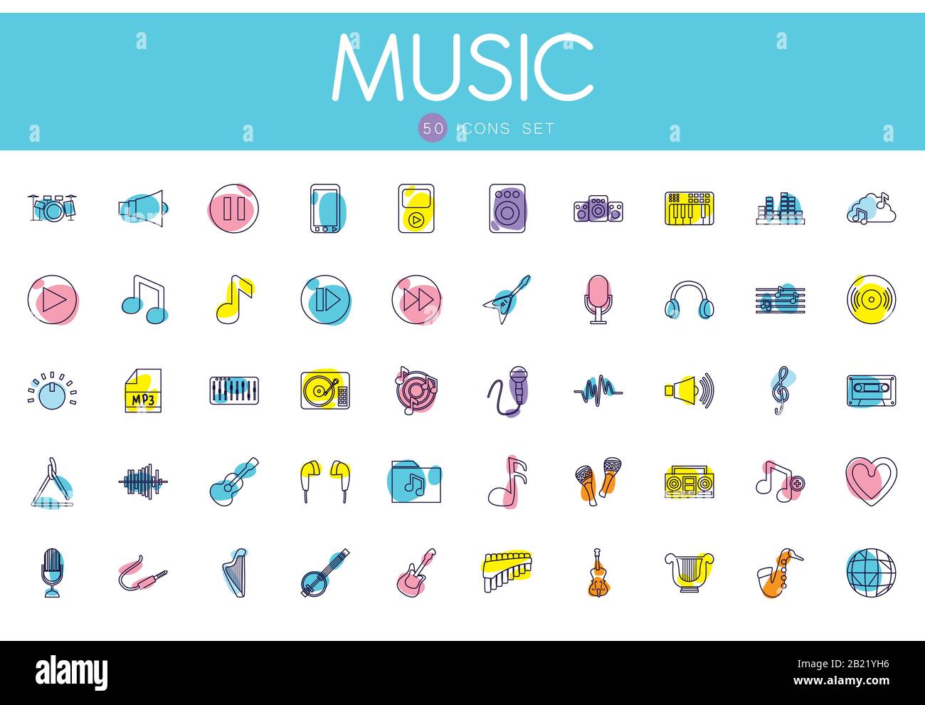line style icon set design, Music sound melody song musical art and ...