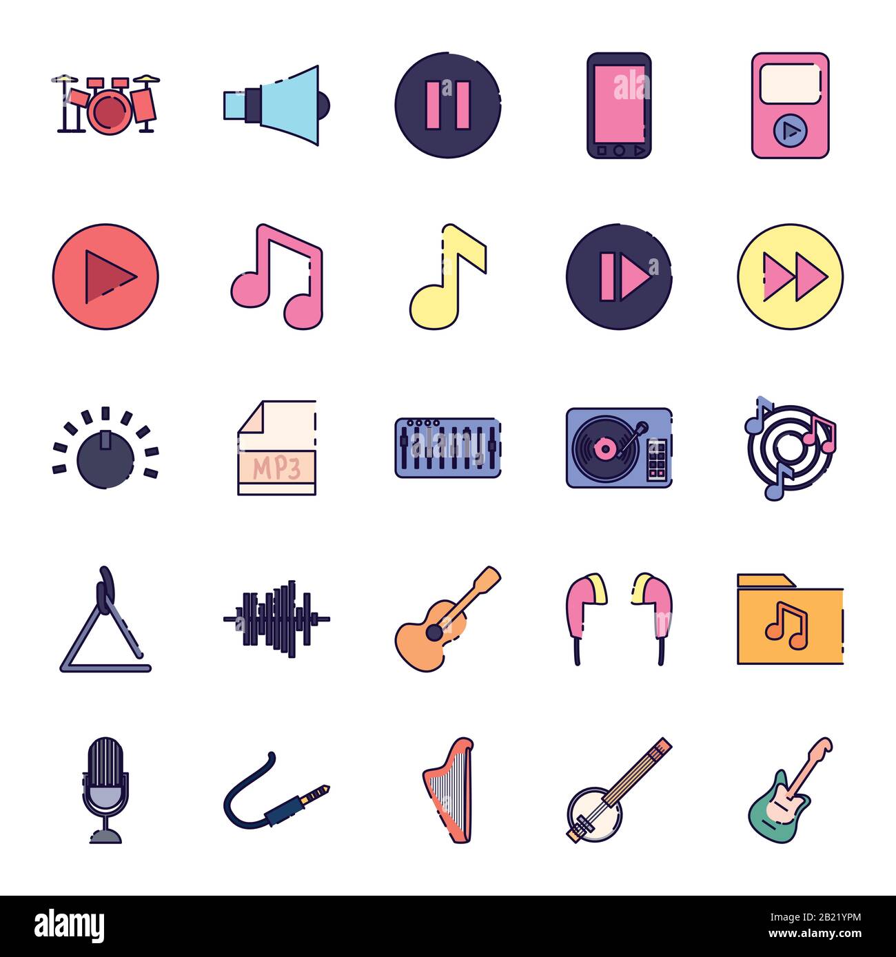 fill style icon set design, Music sound melody song musical art and ...