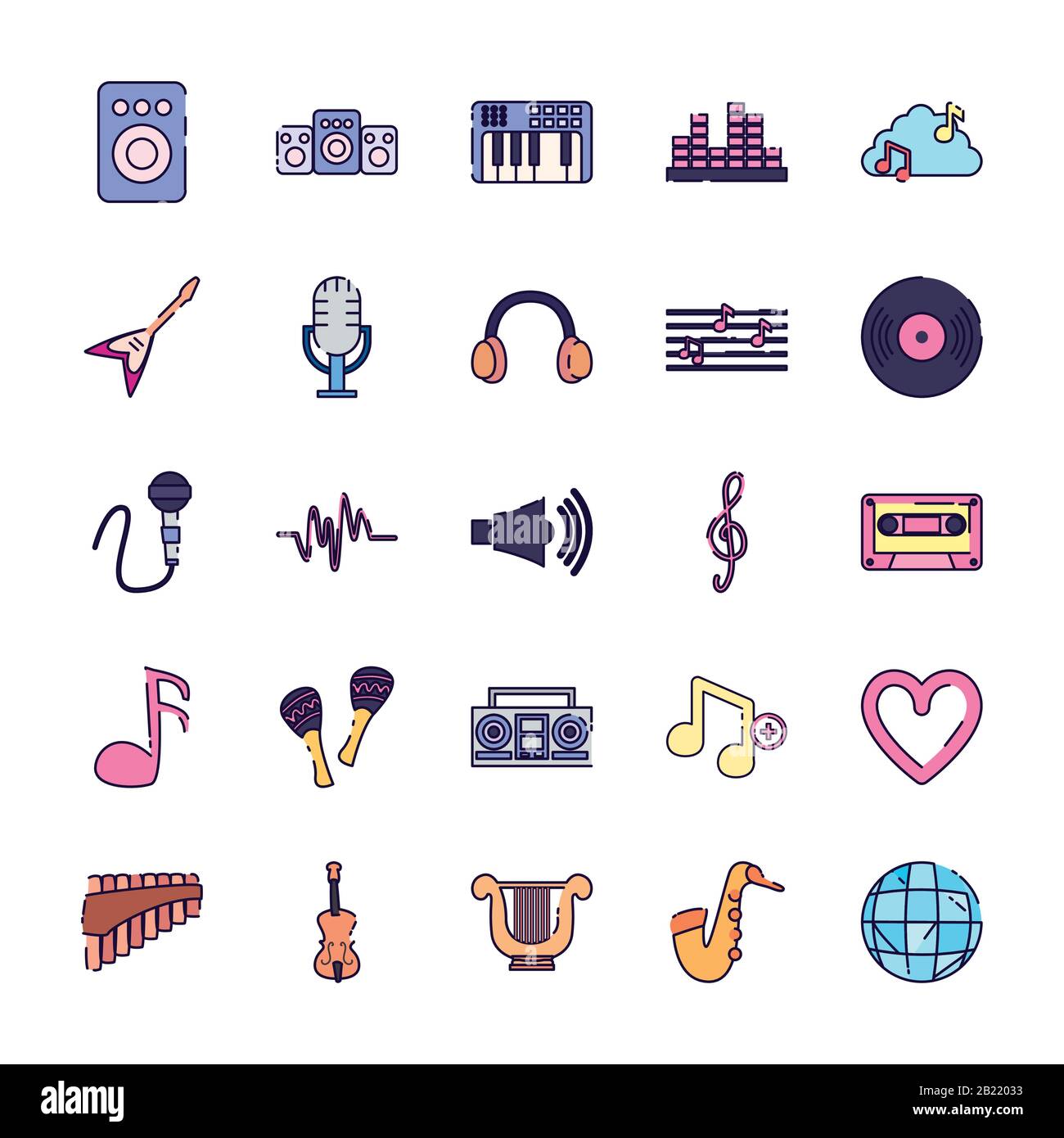 fill style icon set design, Music sound melody song musical art and ...