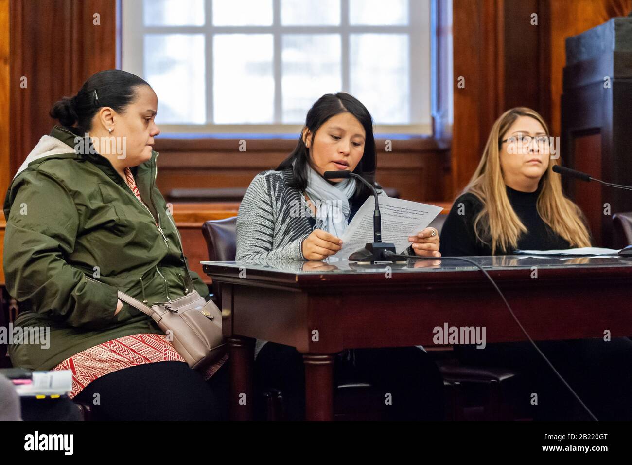 New York, New York, USA. 28th Feb, 2020. Edith Lopez (middle) testifies ...