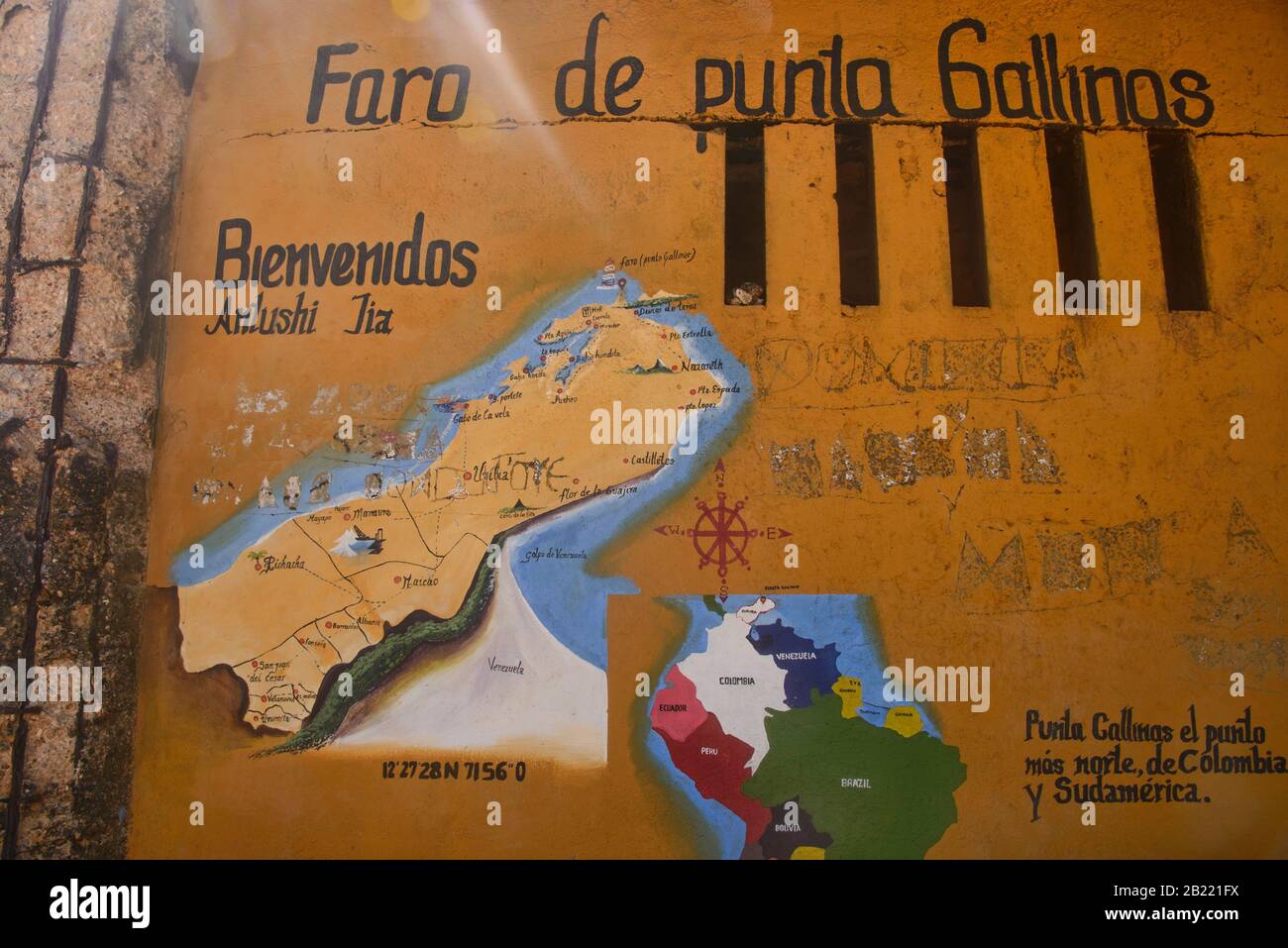 Map at the lighthouse at Punta Gallinas, the northernmost tip of South ...