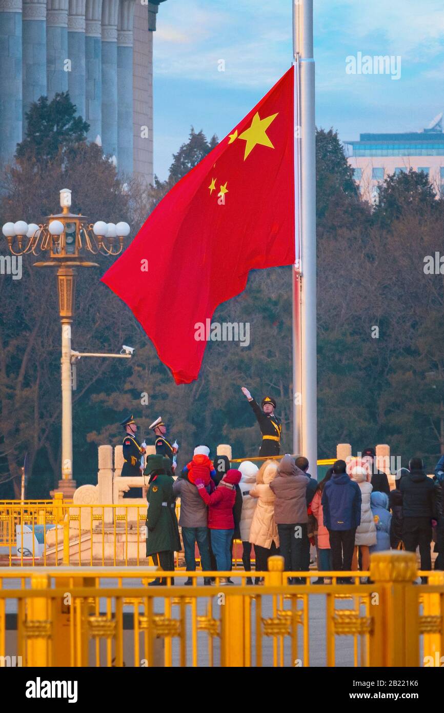 Beijing, China - Jan 17 2020: The Flag Raising Ceremony at Tiananmen ...