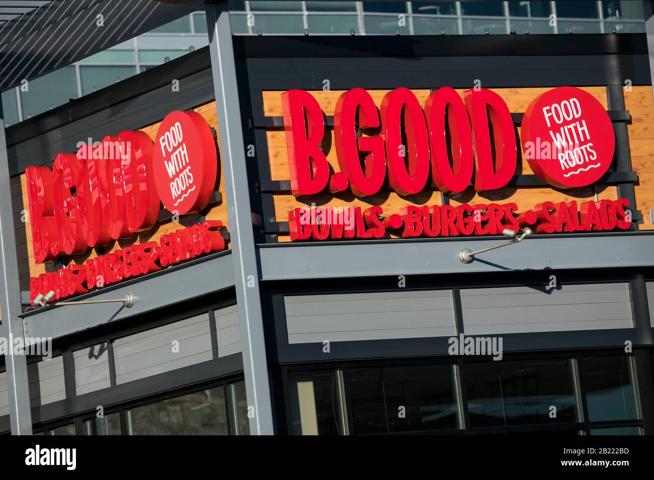 A logo sign outside of a B.GOOD restaurant location in McLean, Virginia ...