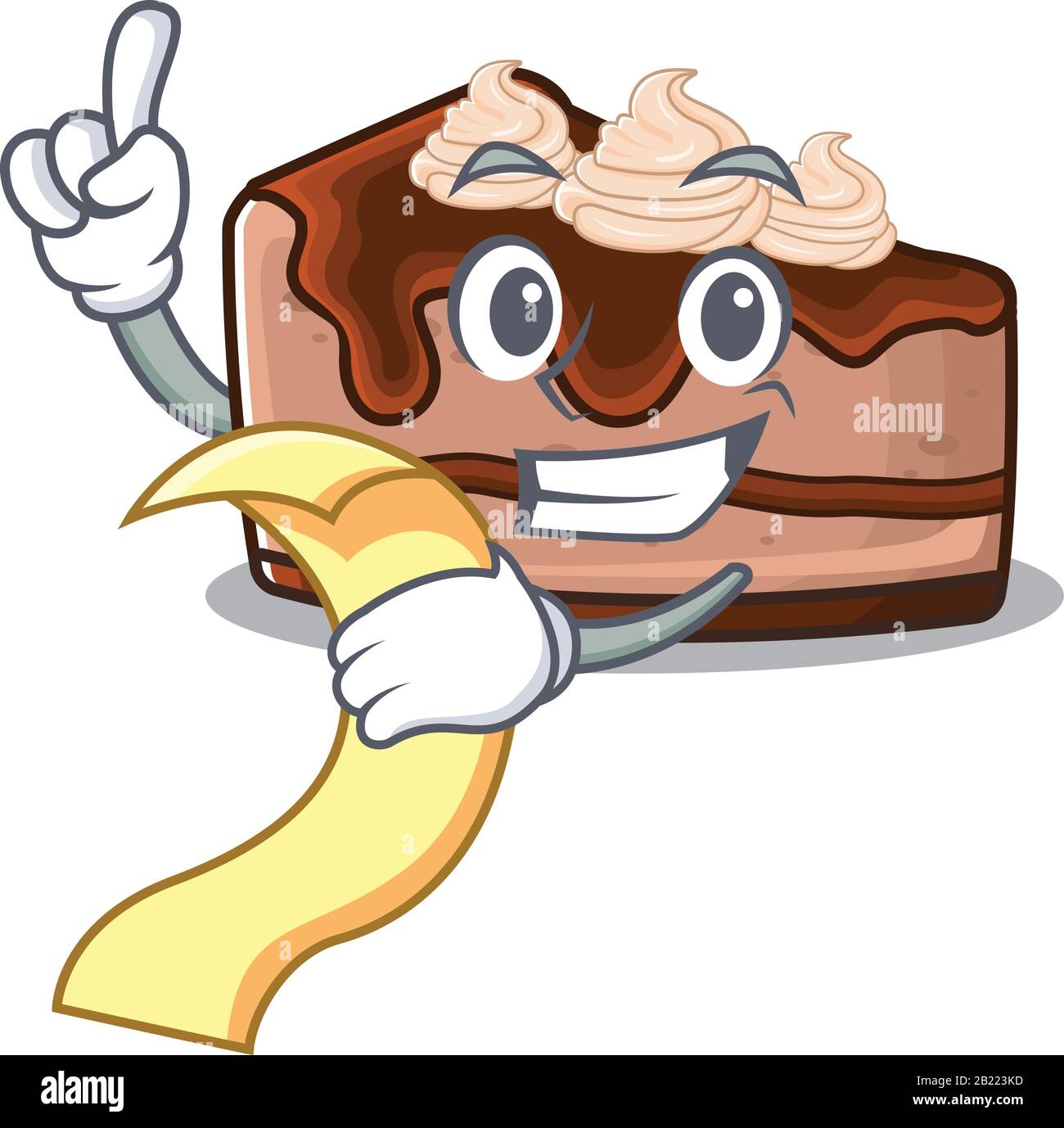 A funny cartoon character of chocolate cheesecake holding a menu Stock ...