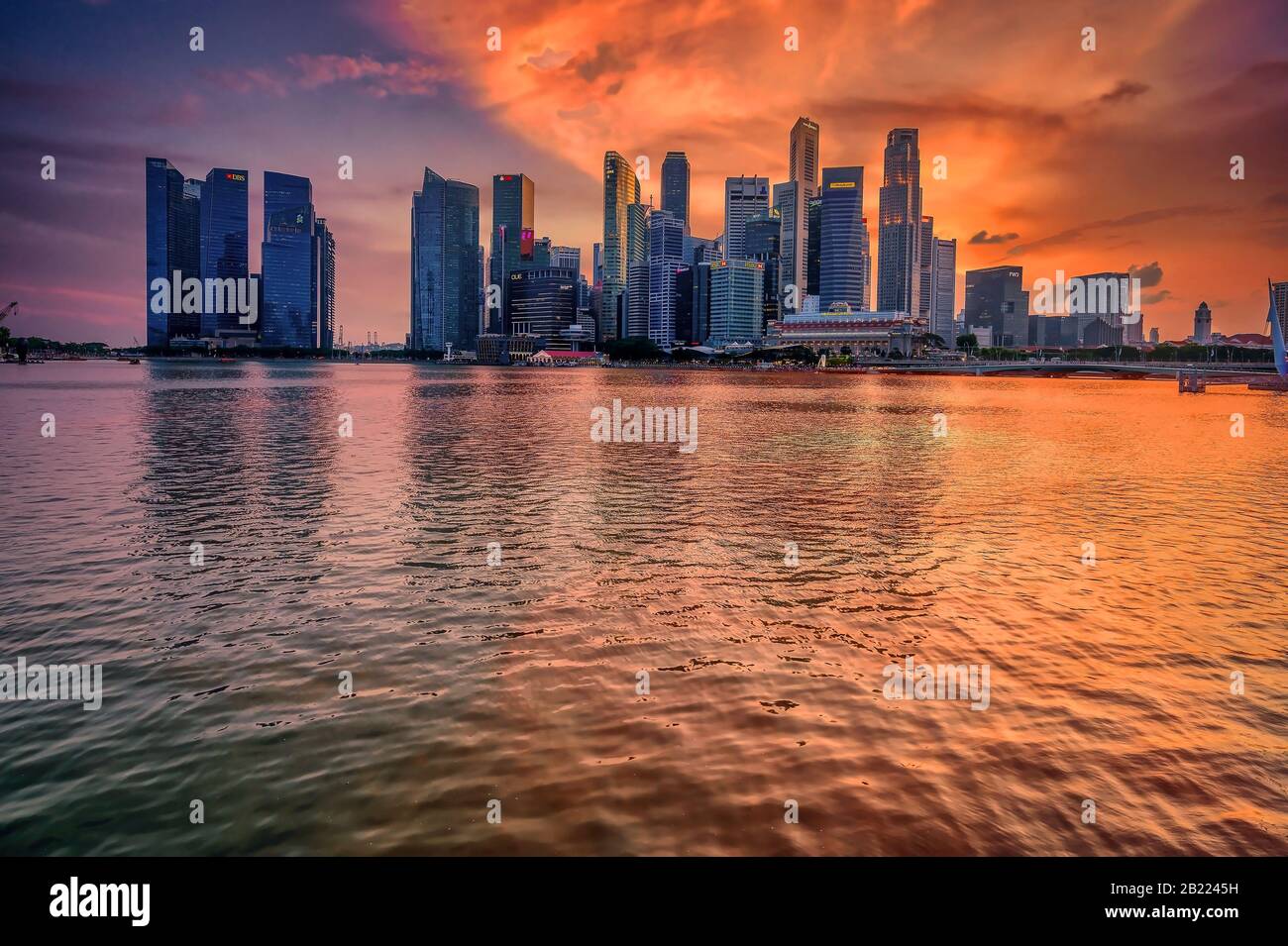 Sunset over the modern Asian city of Singapore, from Marina Bay Sands ...