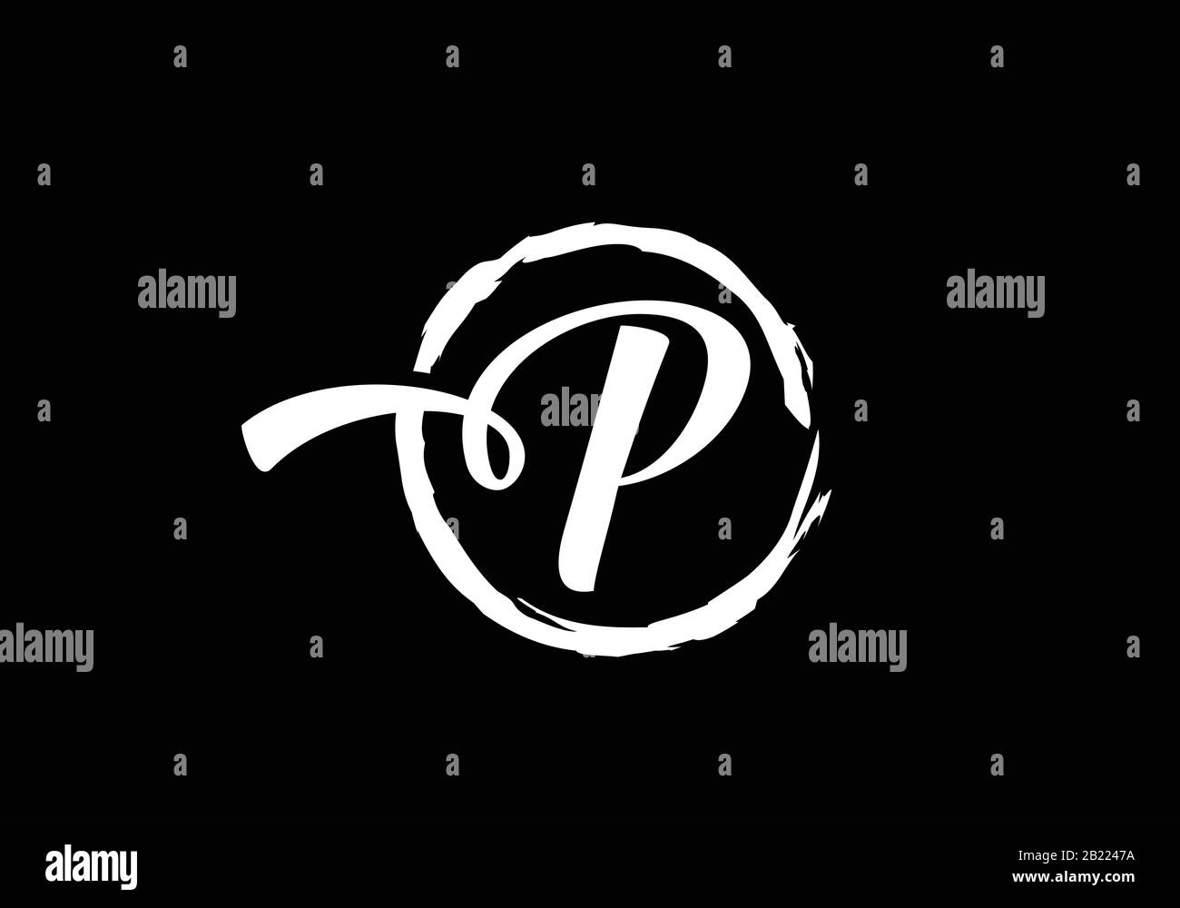 Script letter P in a brush circle on black background, Monogram ...