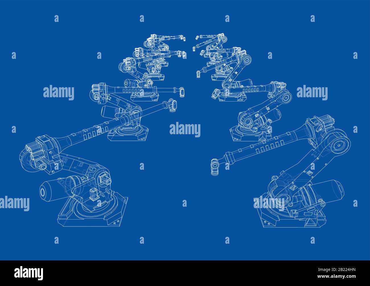 A industral robots manipulators. Blueprint style. Vector rendering from ...