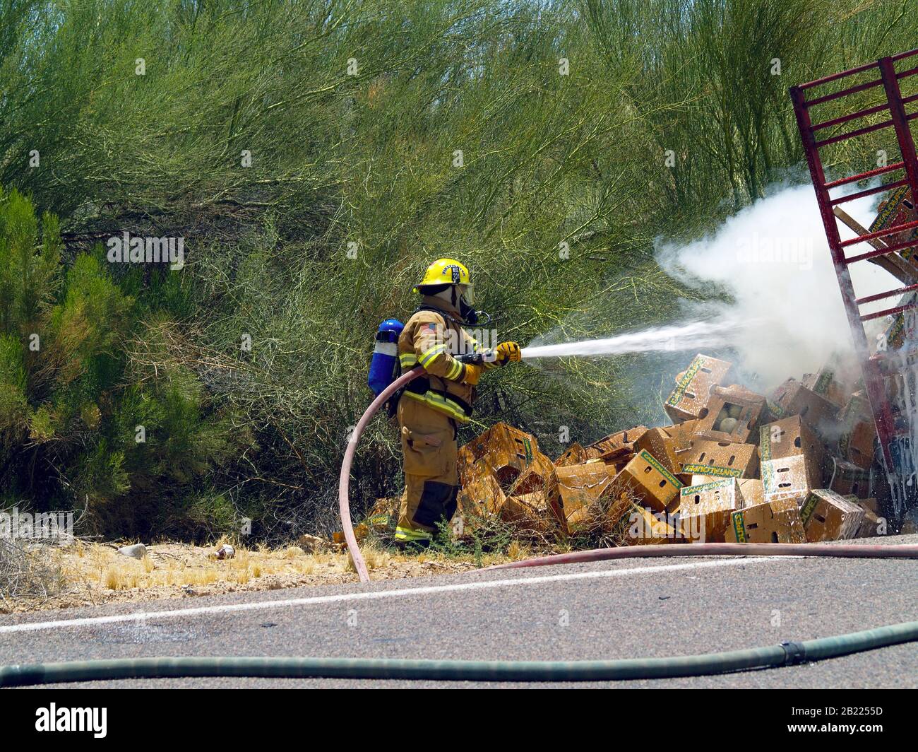 A firefighter extinguishing a vehicle fire along an Arizona road ...