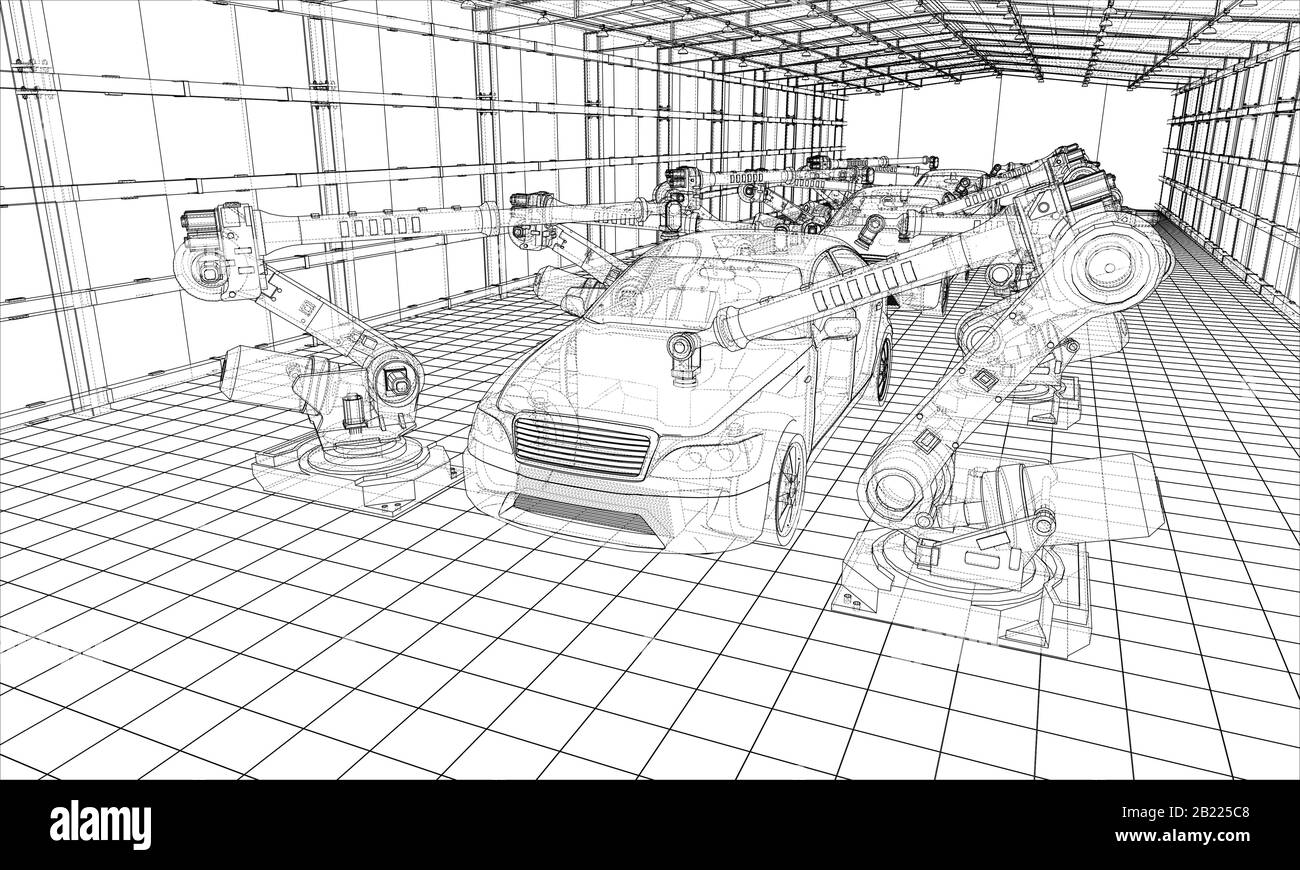 Assembly of motor vehicle. Robotic equipment makes Assembly of car ...