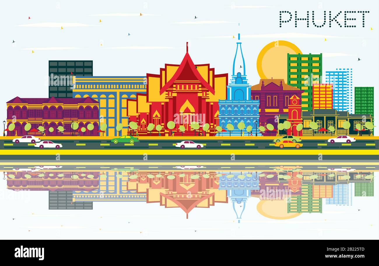 Phuket Thailand City Skyline with Color Buildings, Blue Sky and ...